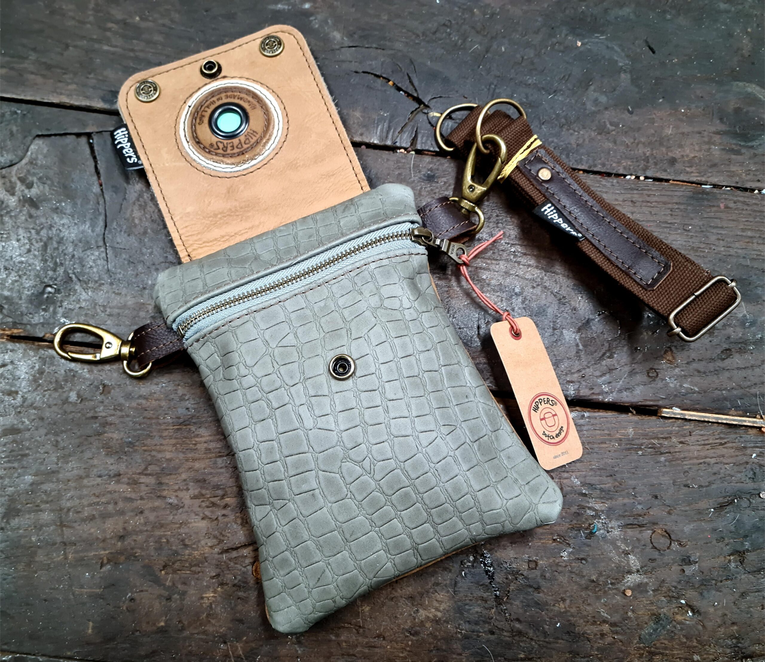 Dubbele heuptas grijsgroen croco/ bruin since 2011 - Hippers